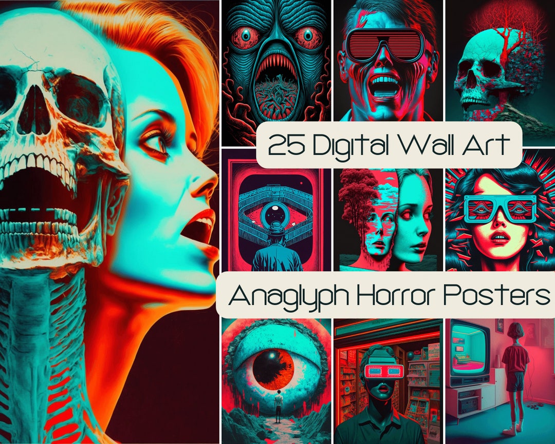 25 Anaglyph Horror Digital Wall Art, Printable Poster Home Decor, Skull ...