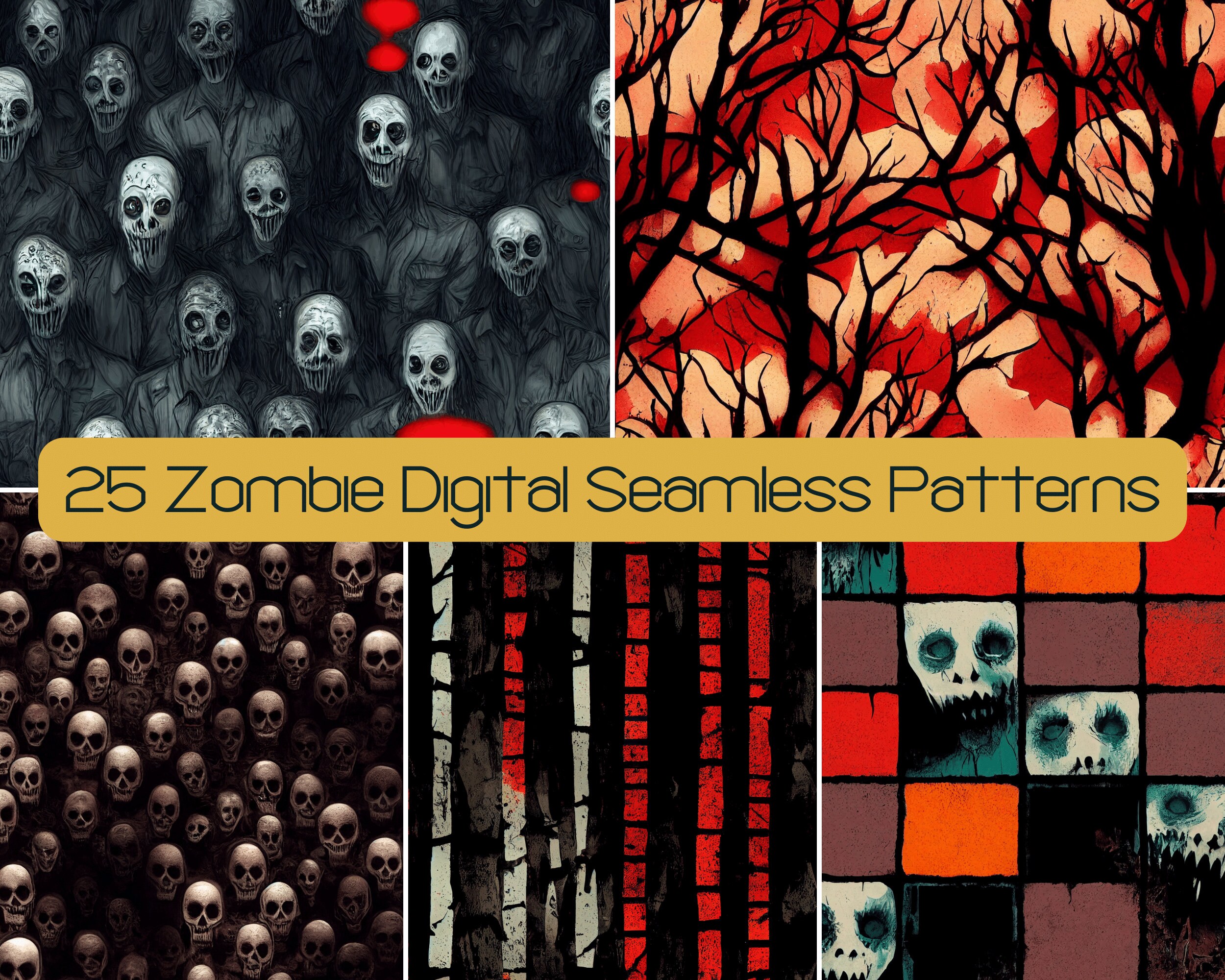 25 Zombie Horror Seamless Patterns, Digital Scrapbook Paper Pack, Goth ...