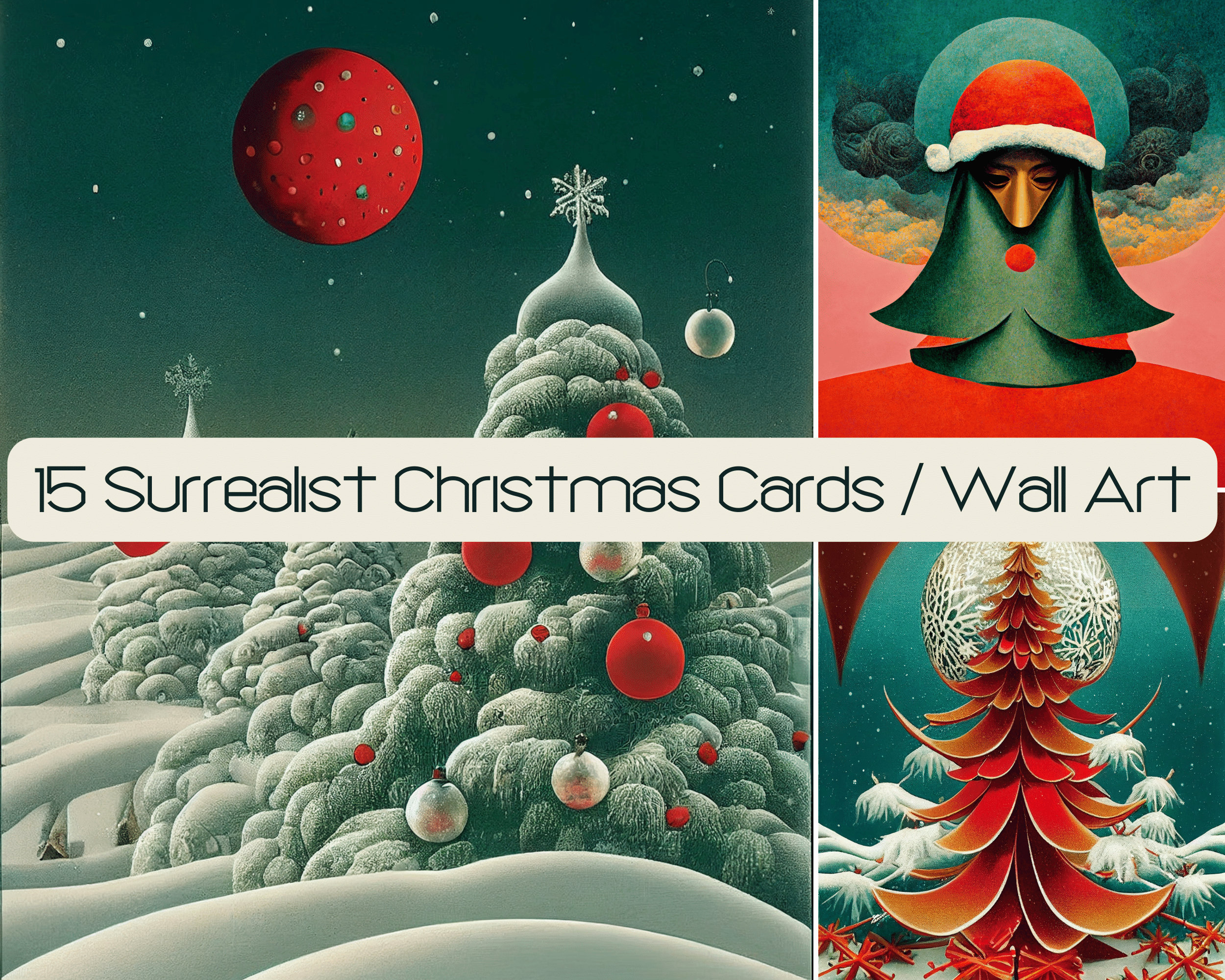 15 Surrealist Christmas Art Print SVG, Commercial Use License, Printable Card, Digital Surreal ...