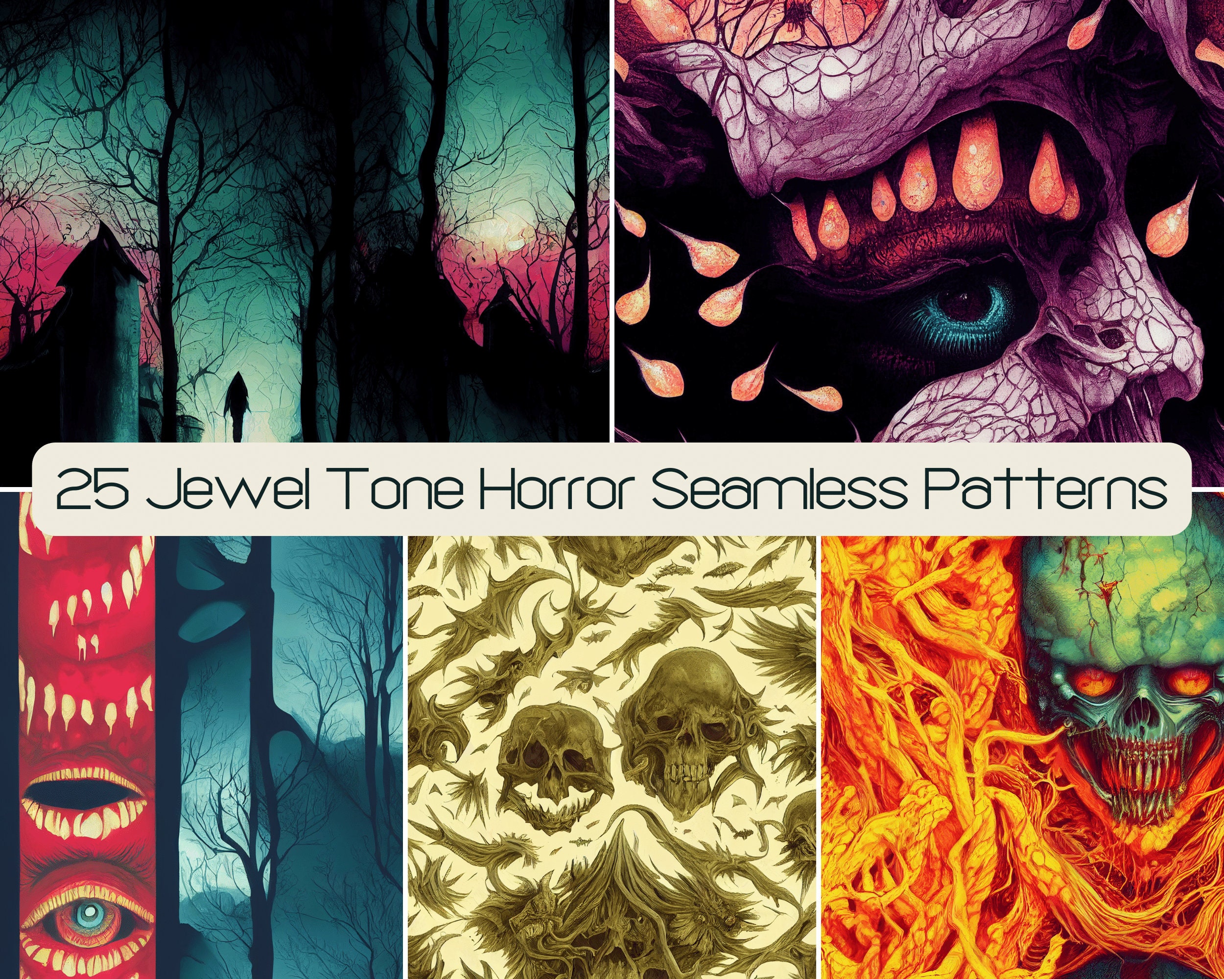 Jewel Tone Horror Seamless Patterns, Skull Ghost Designs (SVG JPG) - Etsy
