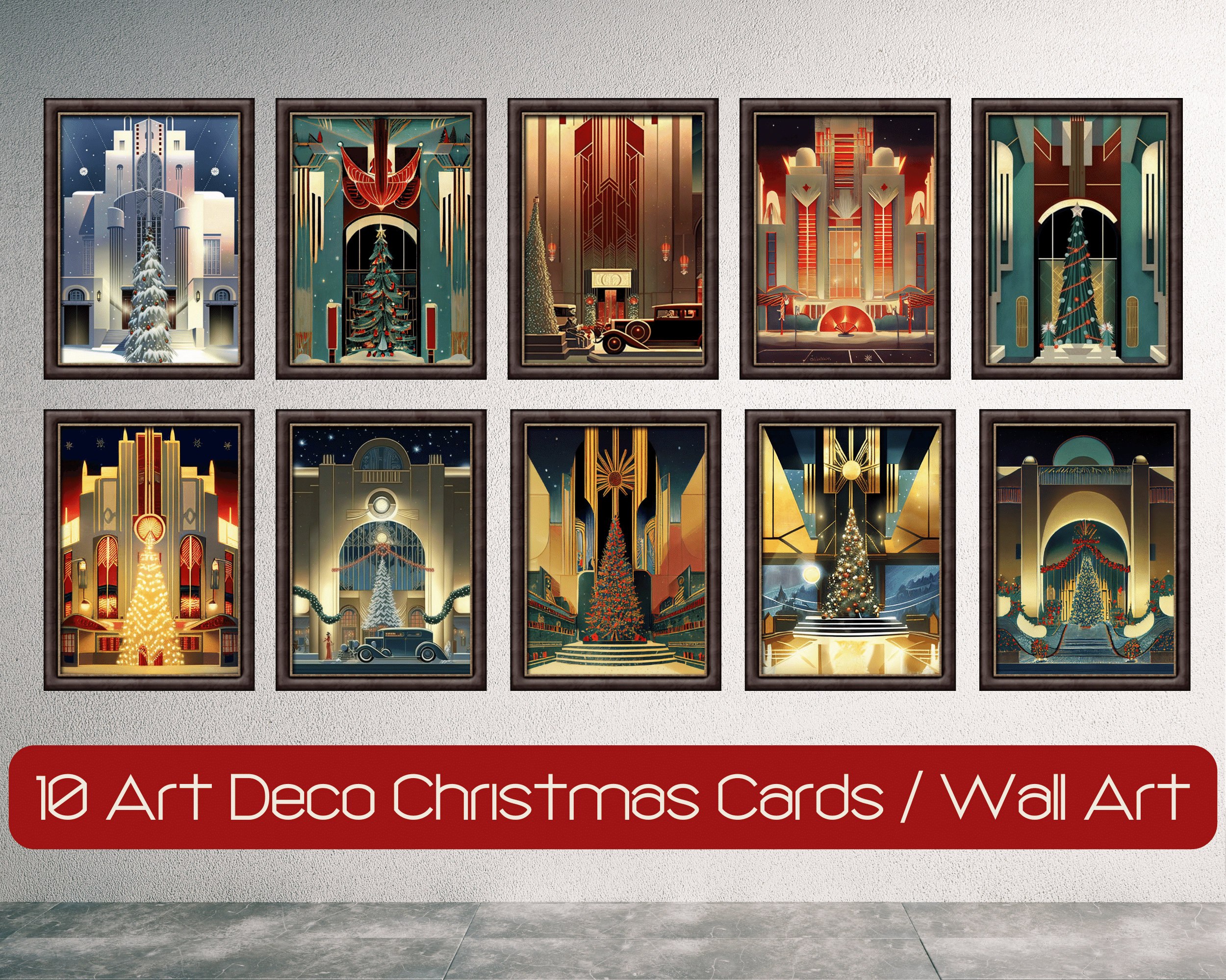10 Art Deco Christmas Art Prints, 1920's Printable Wall Art, Vintage Christmas Decoration ...