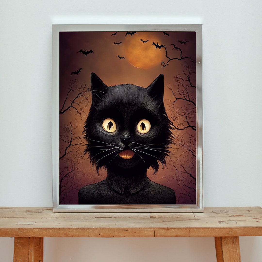 Black Cat Halloween Print, Tim Burton Inspired Gothic Decor (digital ...