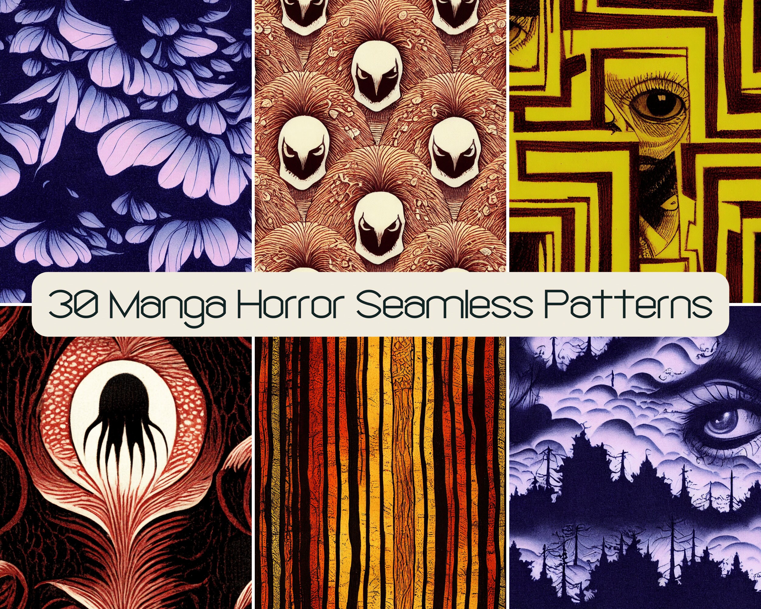 30 Manga Horror Seamless Pattern, Digital Scrapbook Paper Pack ...