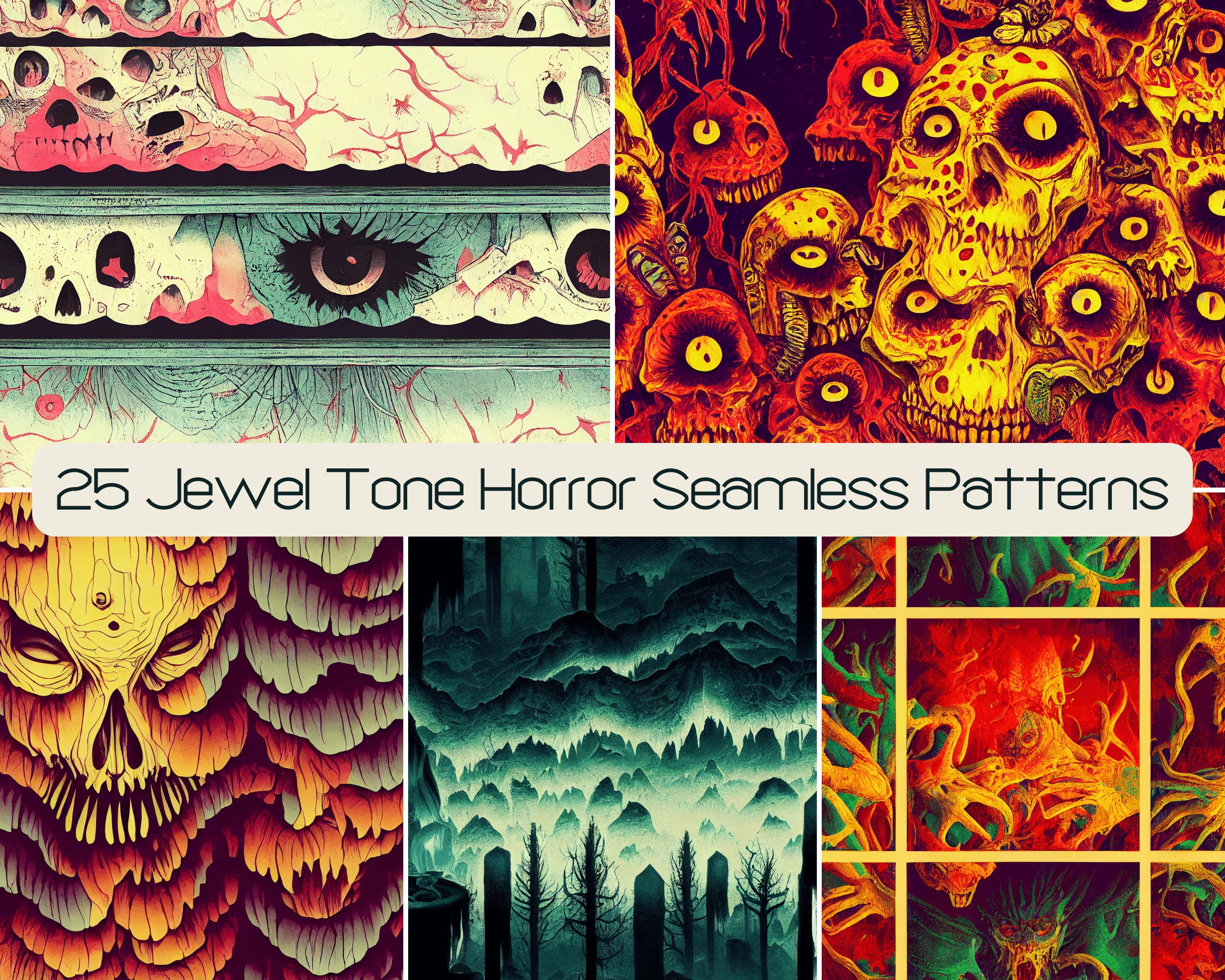 25 Jewel Tone Horror Seamless Pattern, Digital Scrapbook Paper Pack ...