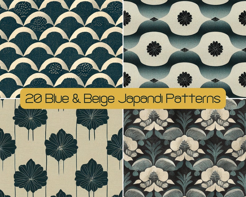 20 Blue & Beige Japandi Art Wallpaper Pattern, Digital Scrapbook Paper ...
