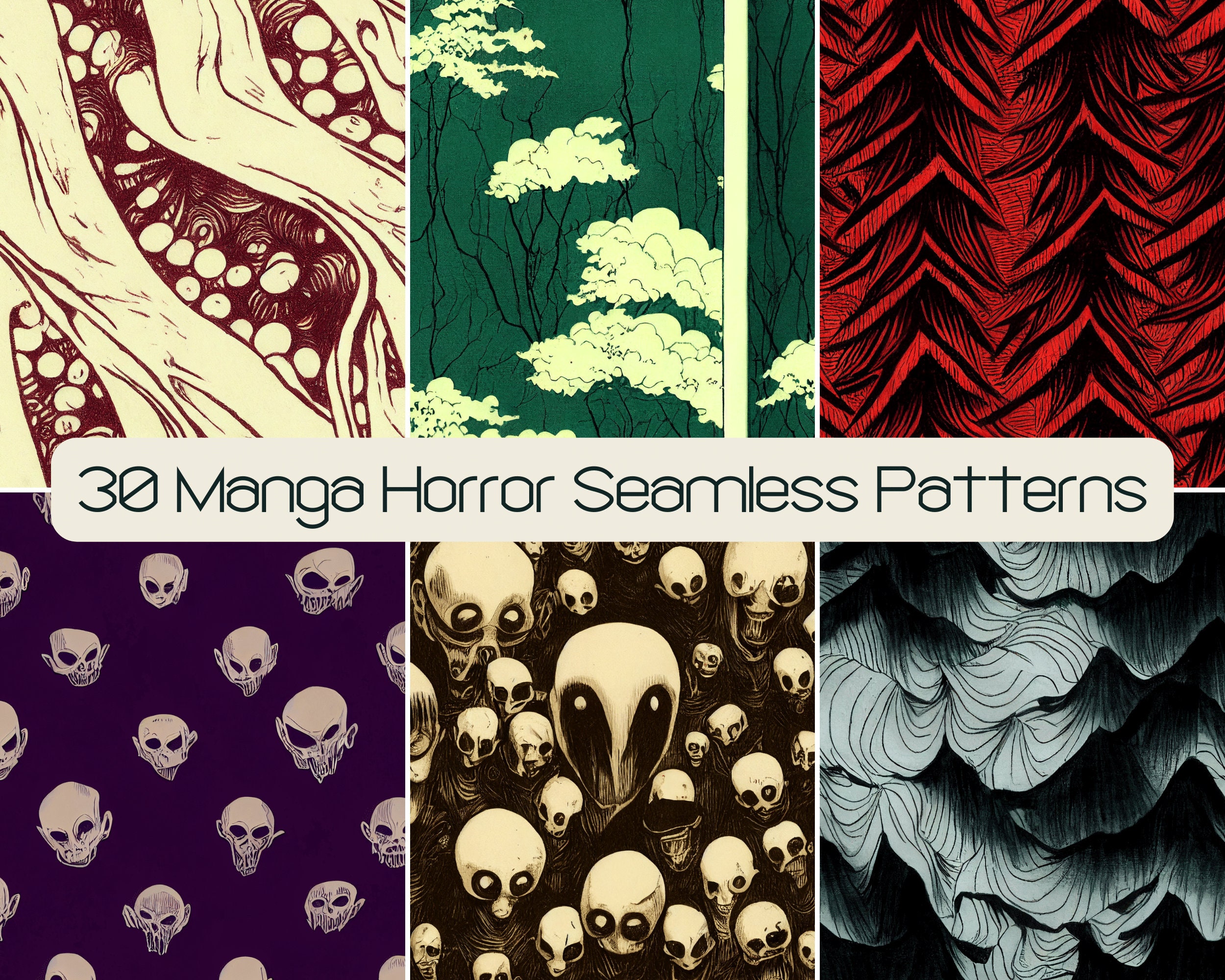 30 Manga Horror Seamless Pattern, Digital Scrapbook Paper Pack ...
