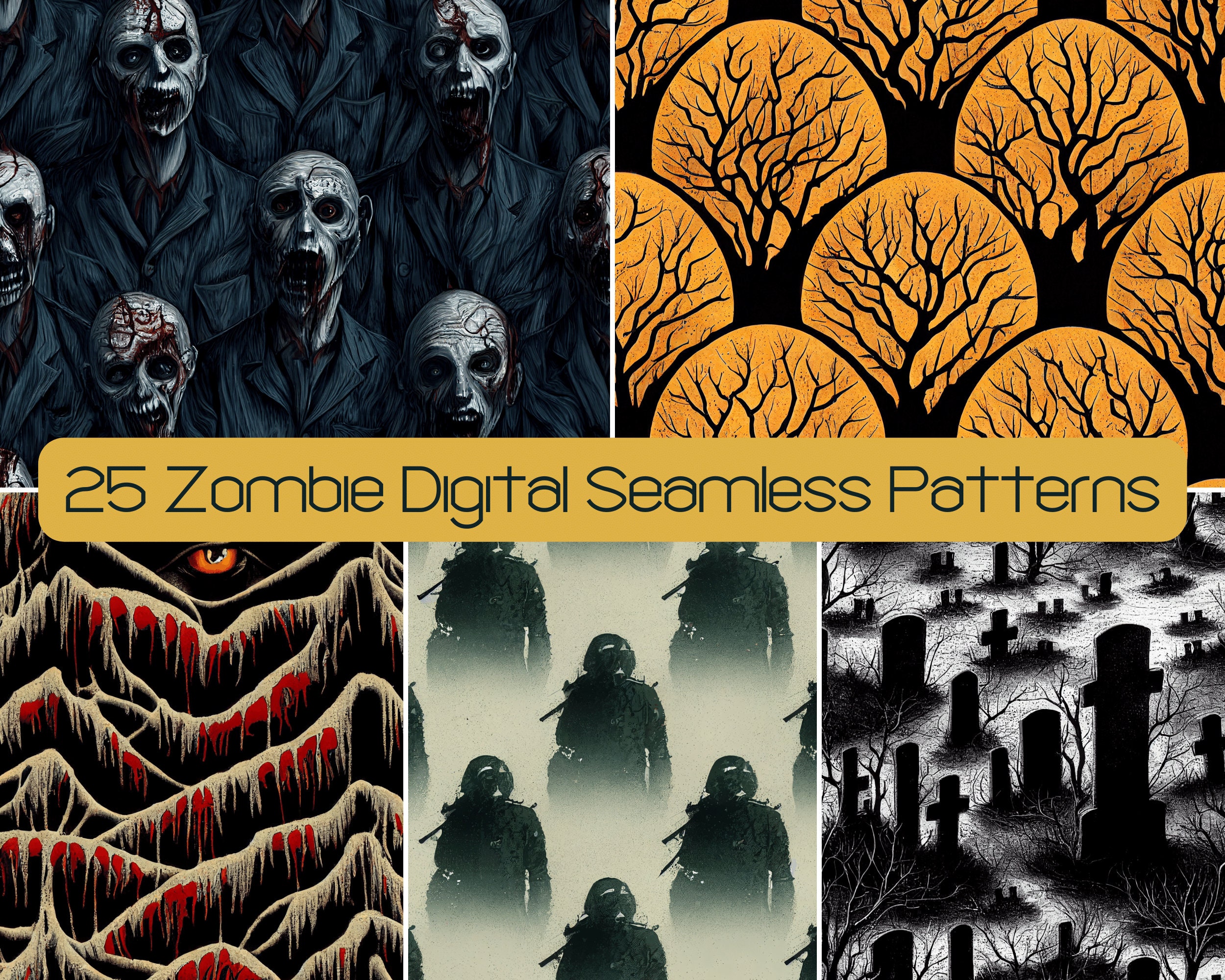25 Zombie Horror Seamless Patterns, Digital Scrapbook Paper Pack, Goth ...