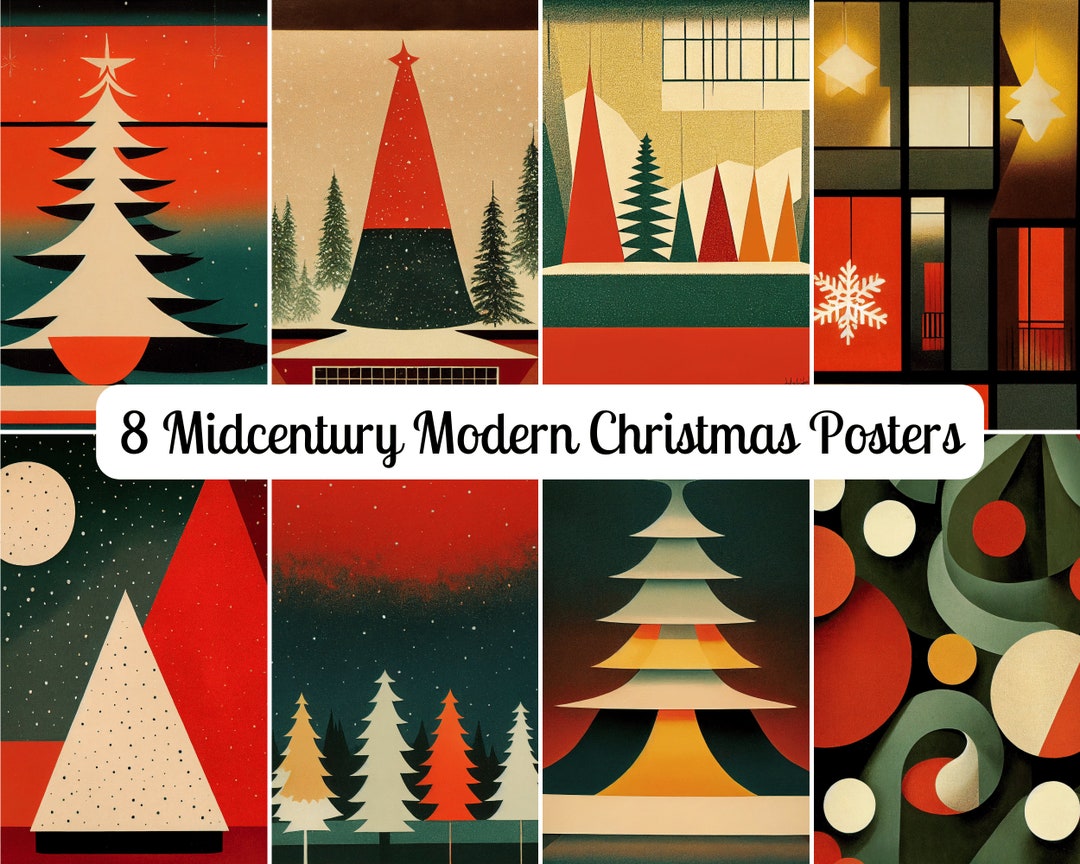 8 Mid Century Modern Christmas Card, Printable Christmas Art Prints ...