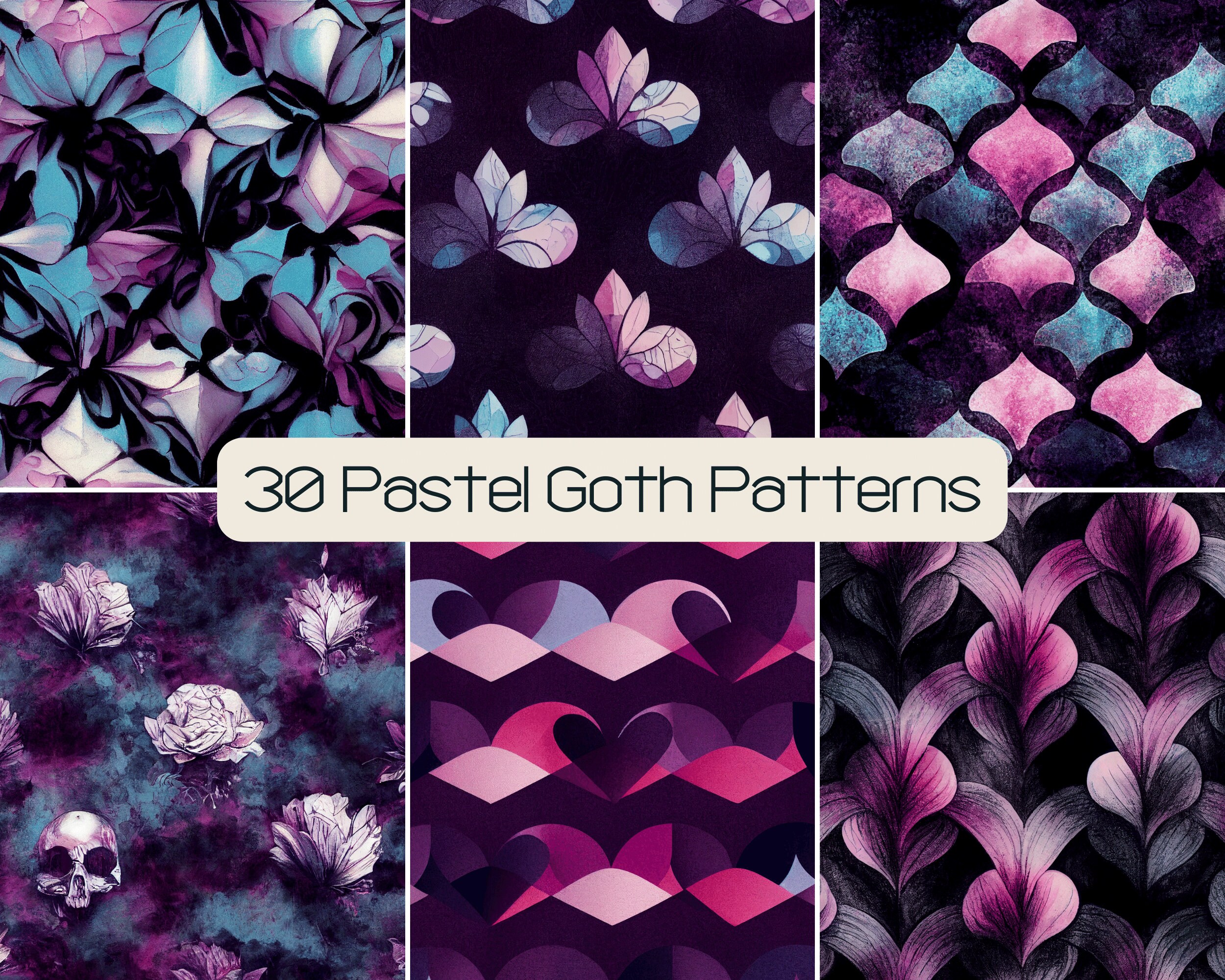 30 Pastel Goth Patterns, Digital Scrapbook Paper Pack, Gothic Skull SVG ...