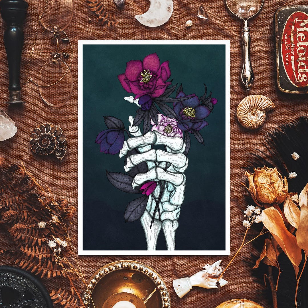 Skeleton and Hellebores Art Print | Gothic Home Decor | Memento Mori ...