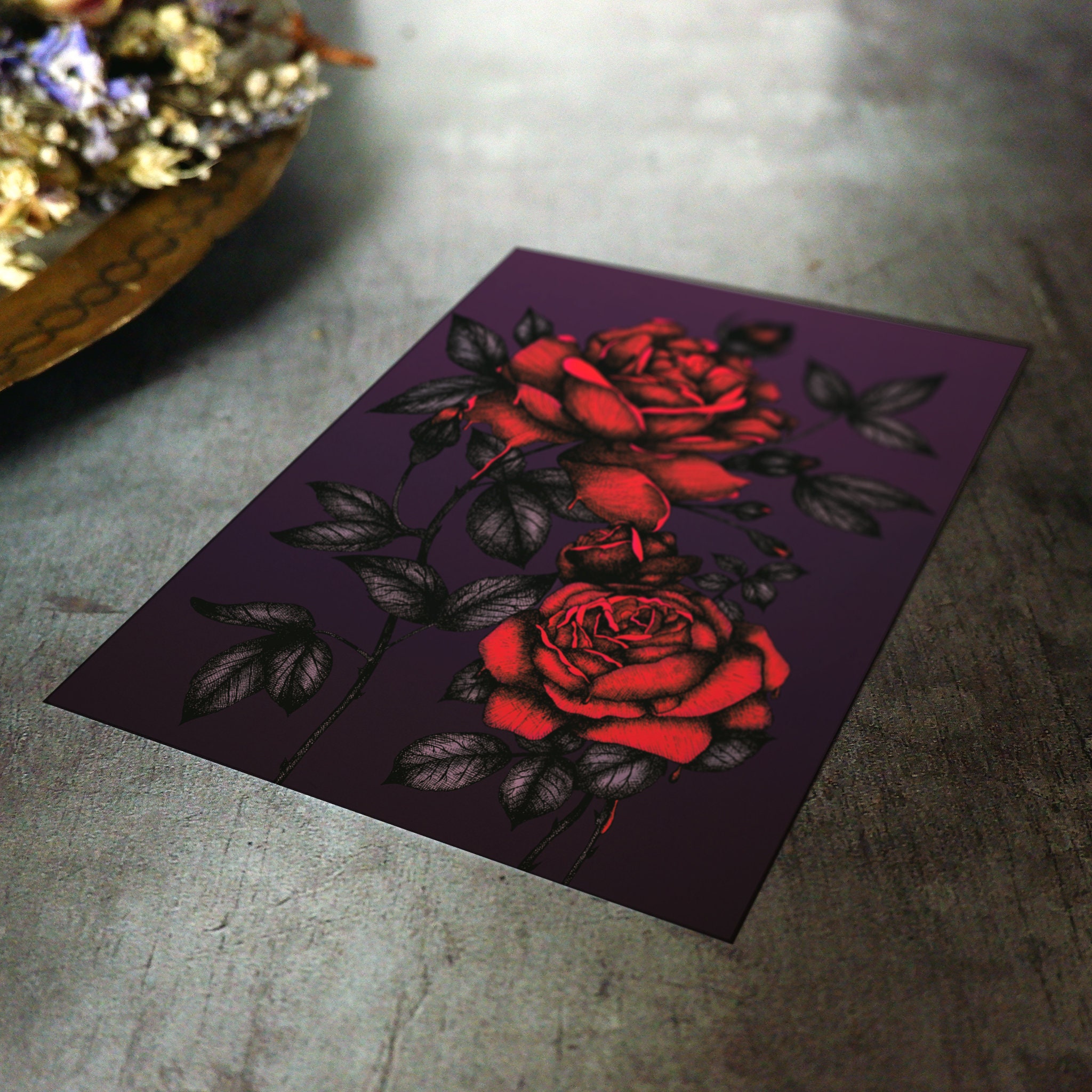 Bleeding Roses Postcard Dark Romance Rose Illustration | Etsy