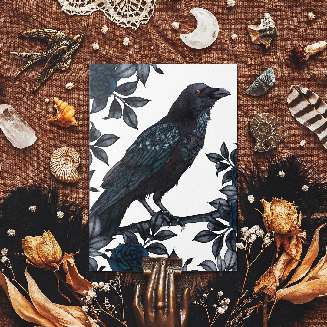 Raven and Roses Postcard - Gothic Crow Illustration - Dark Nature Art ...