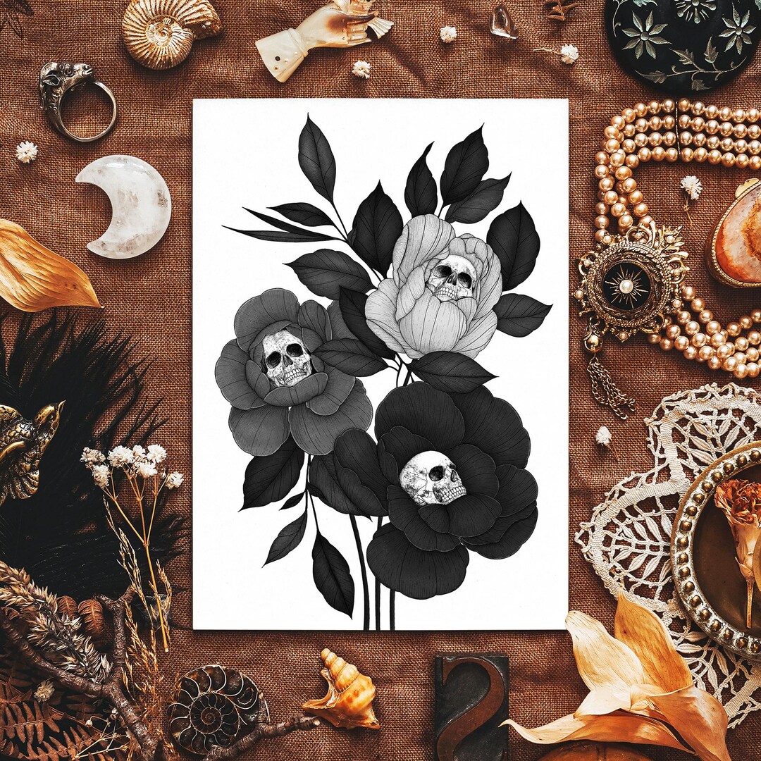 Skull Peonies - Giclée Art Print - Gothic Floral Decor - Dark Botanical ...