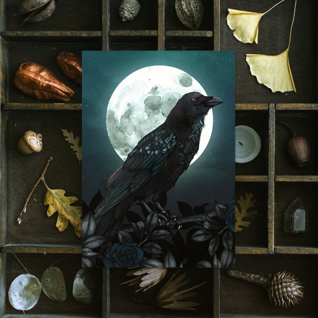 Raven And Full Moon Postcard Gothic Home Decor Corvid Etsy