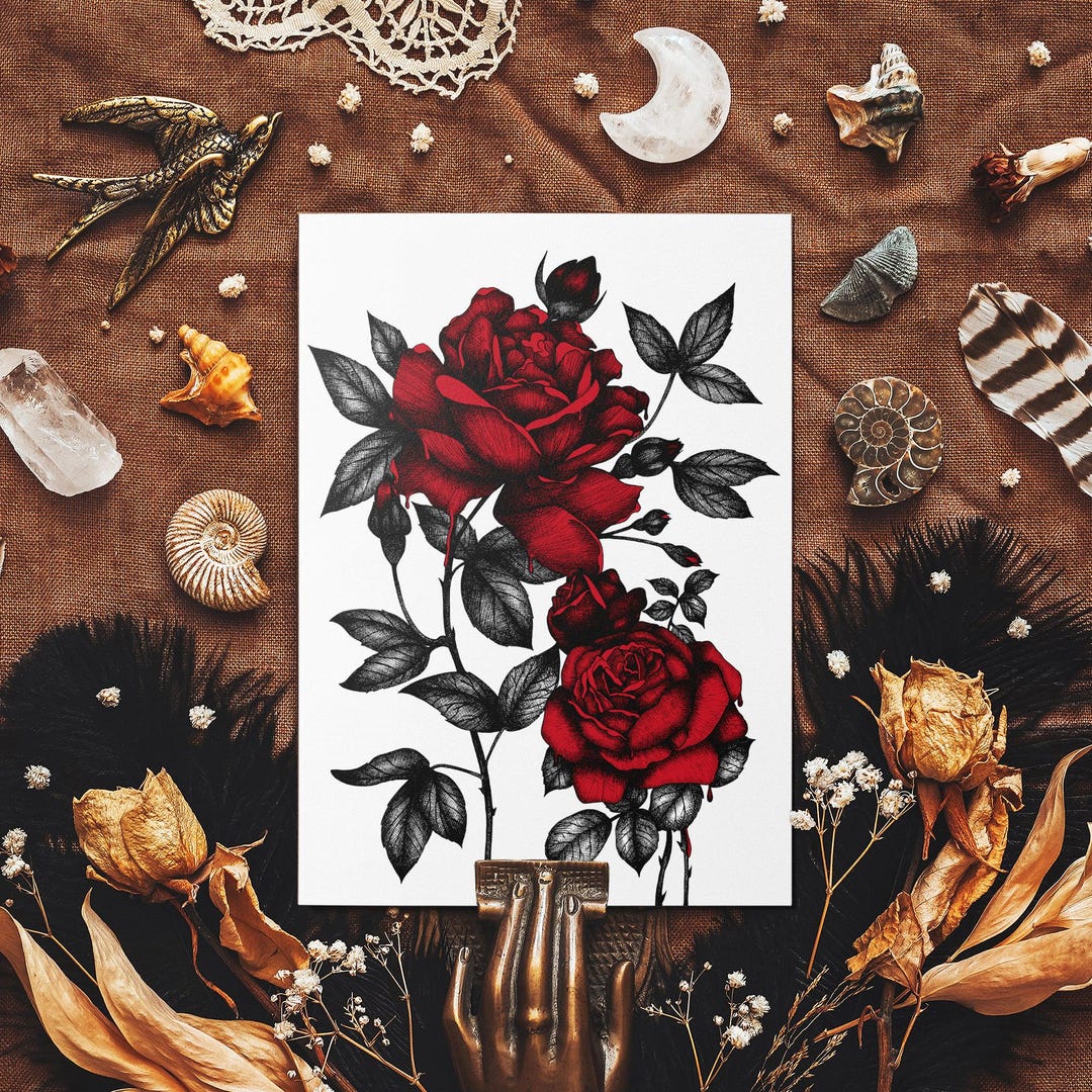Bleeding Roses Gothic Postcard - Dark Botanical Art - Etsy