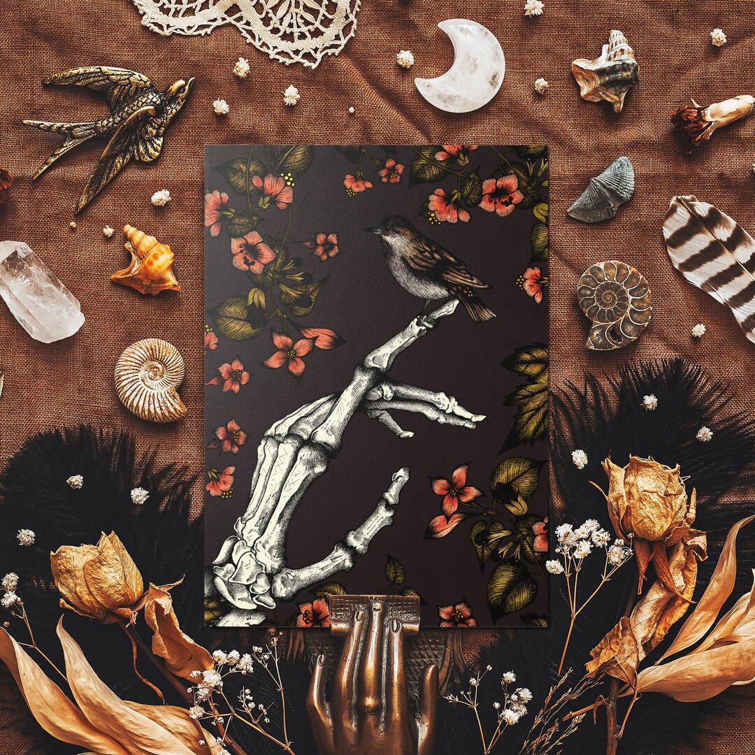Skeleton and Sparrow Postcard - Gothic Floral Macabre Art - Etsy UK