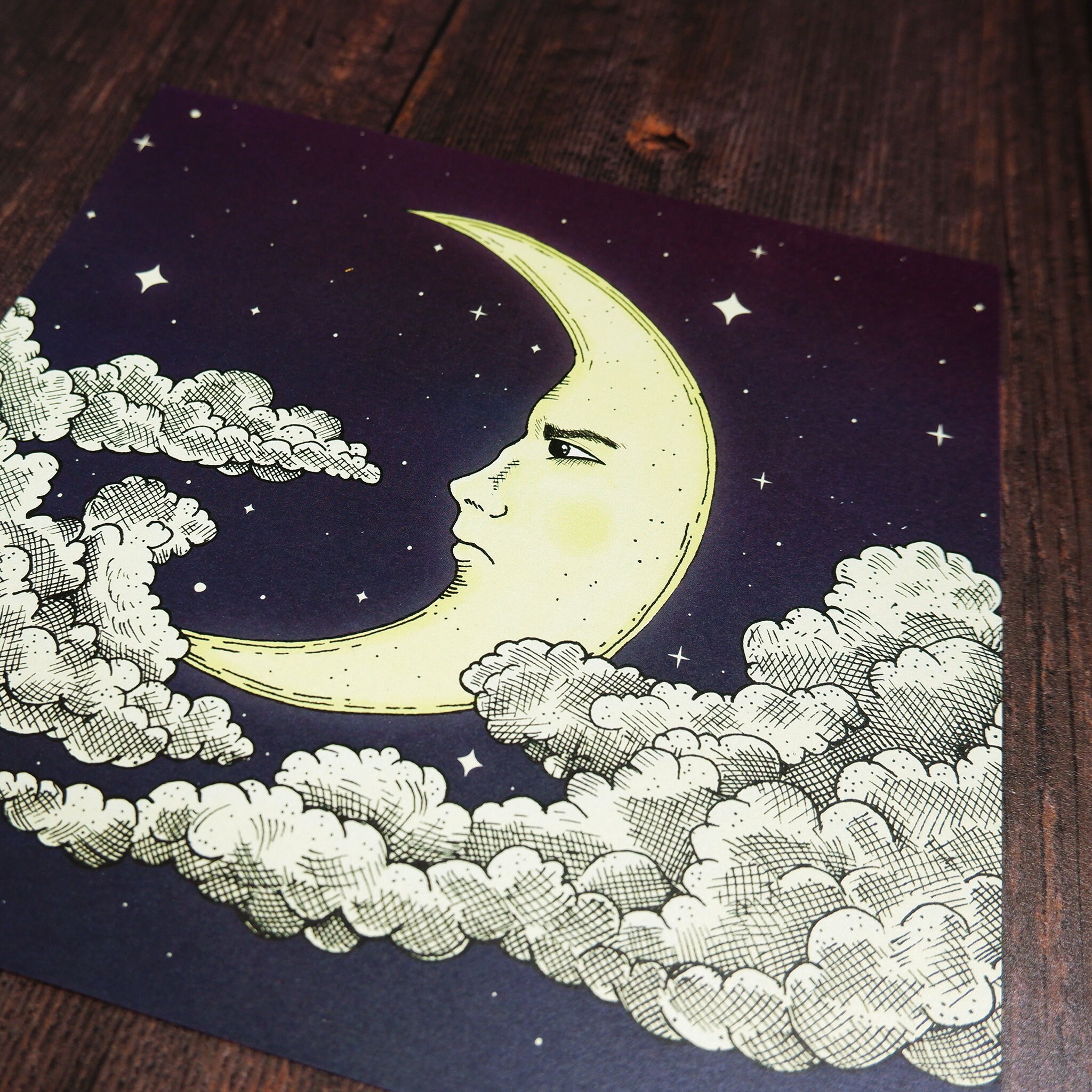 Vintage Moon Art Print Crescent Moon Lunar Illustration | Etsy