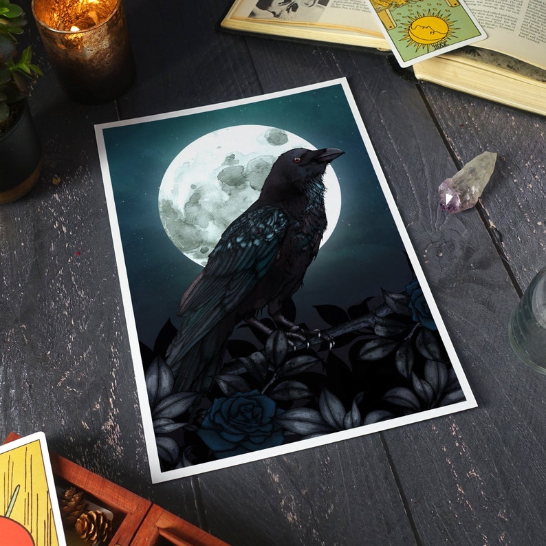 Raven And Full Moon Art Print Gothic Home Decor Corvid Etsy Uk