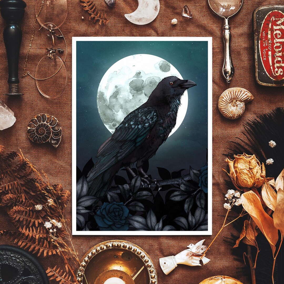 Raven and Full Moon Art Print | Gothic Home Decor | Corvid Illustration ...
