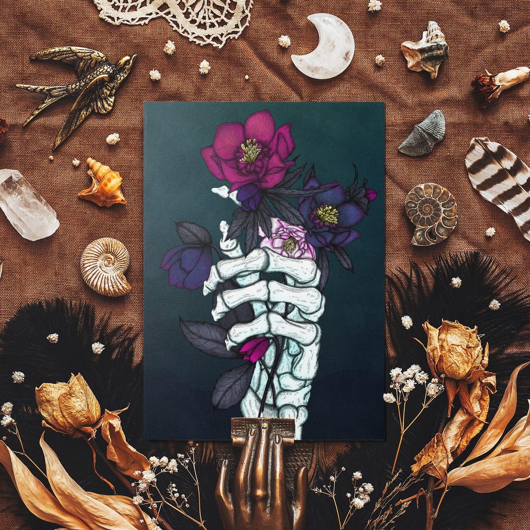 Skeleton and Hellebores Postcard – Gothic Floral Macabre Art - Etsy