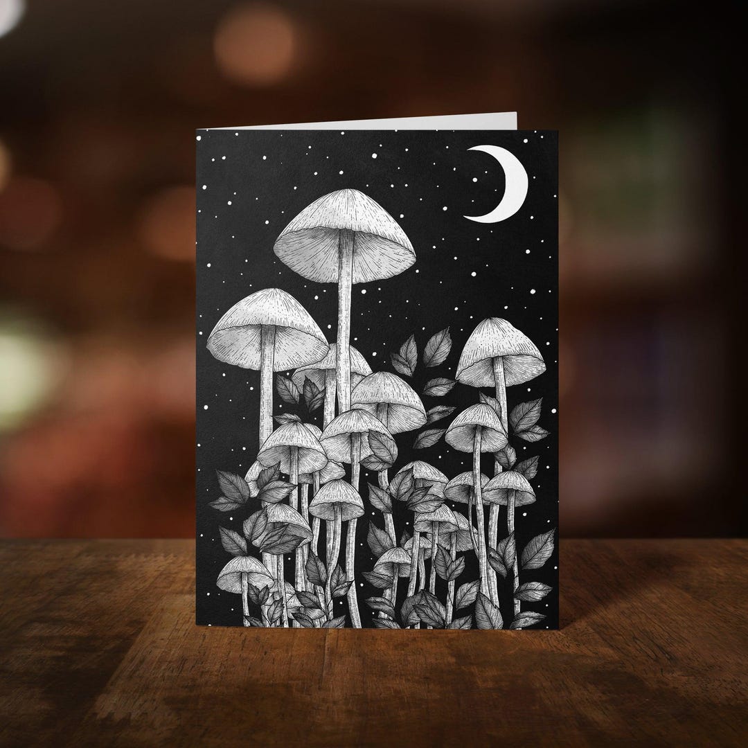 Moonlight Mushroom Greeting Card – Gothic Forest Illustration - Etsy