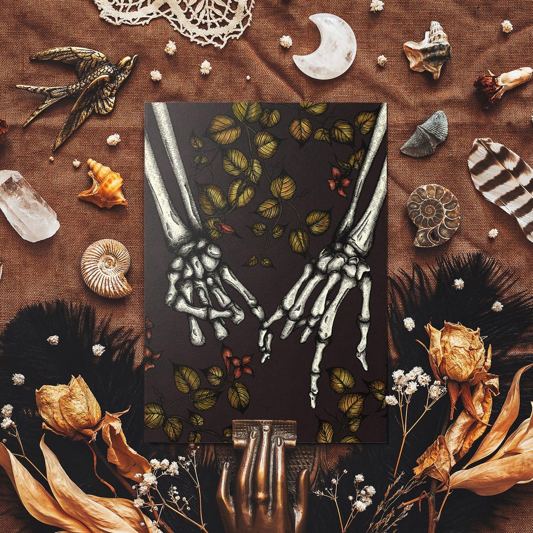 Gothic Skeleton Pinky Promise Postcard - Macabre Floral Art - Etsy