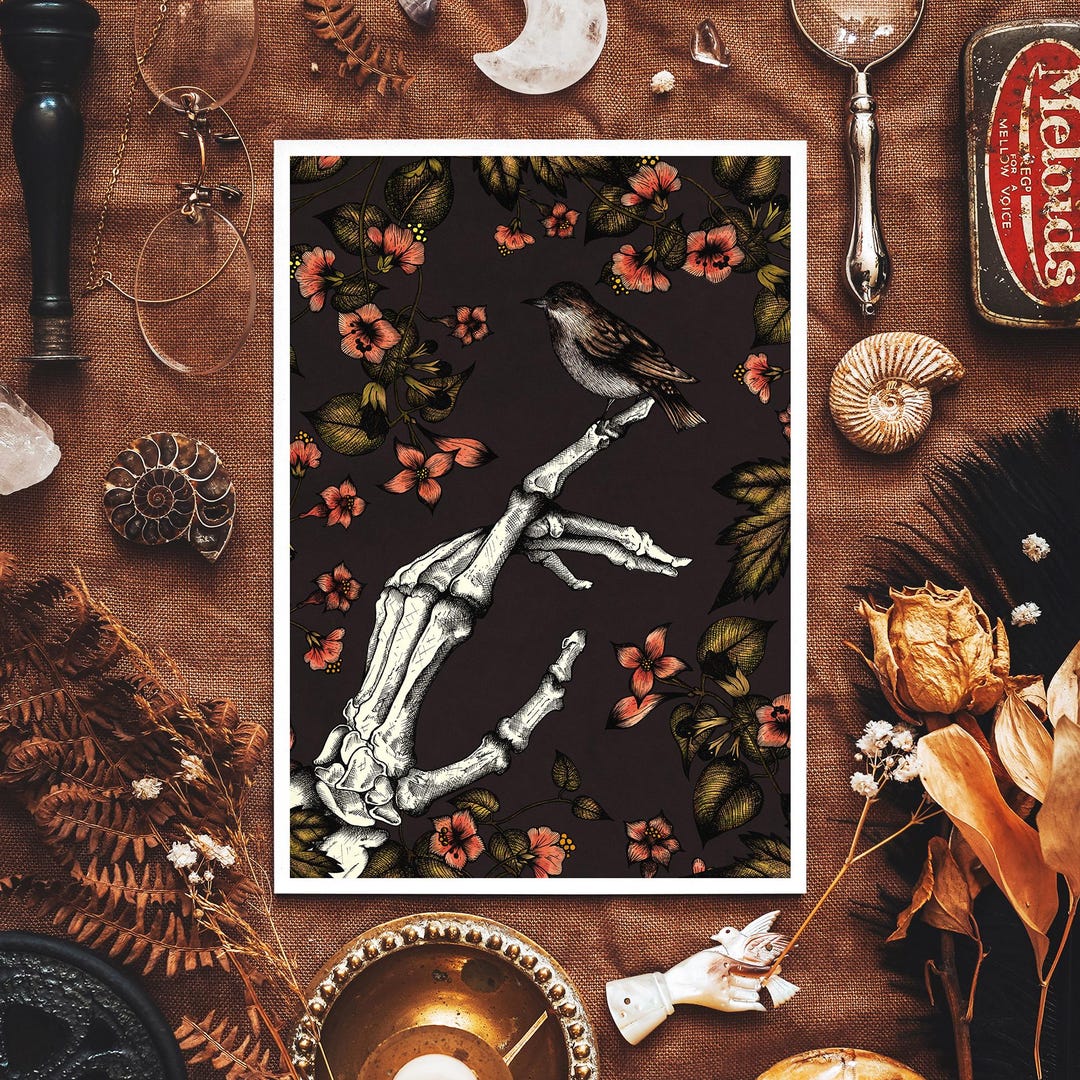 Skeleton and Sparrow Giclée Art Print | Gothic Memento Mori - Etsy