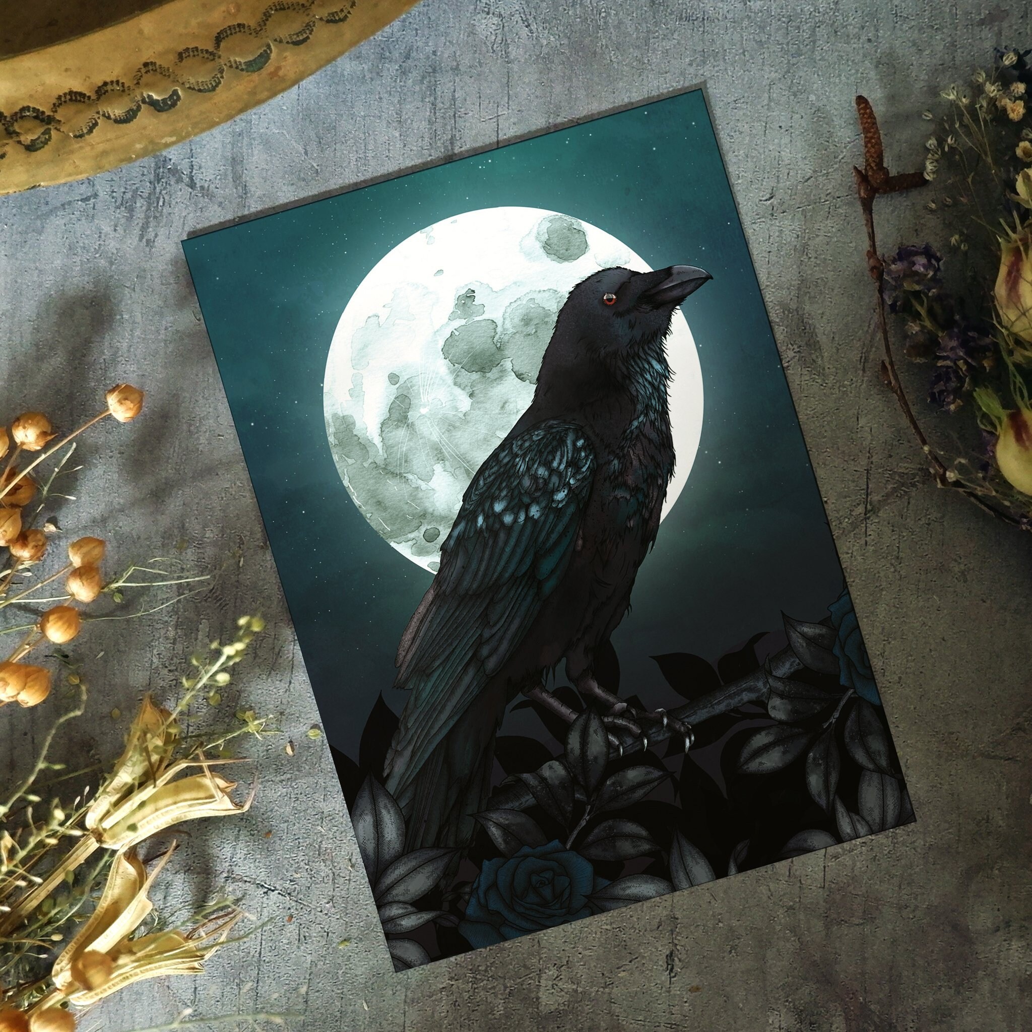 Raven And Full Moon Postcard Gothic Home Decor Corvid Etsy