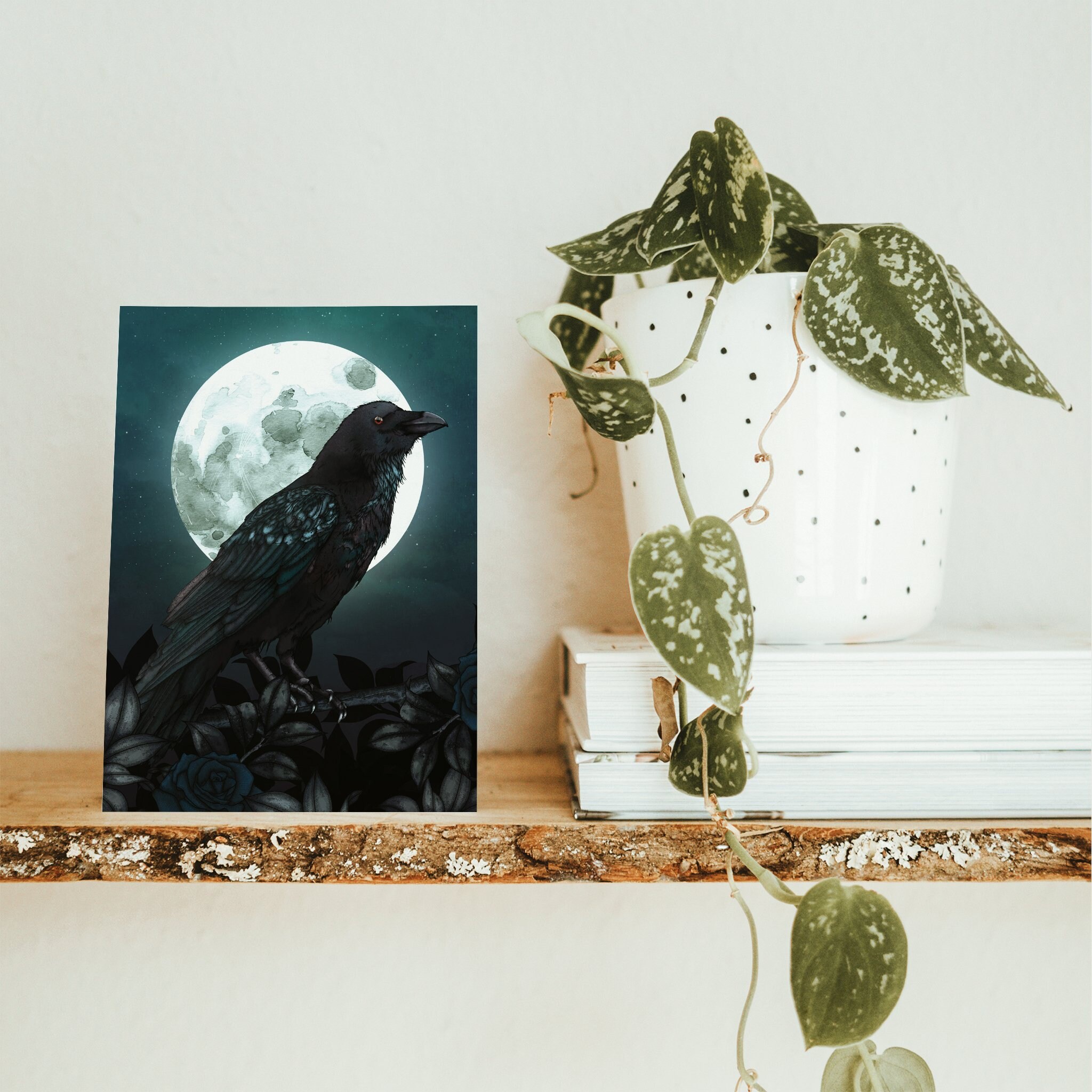 Raven And Full Moon Postcard Gothic Home Decor Corvid Etsy