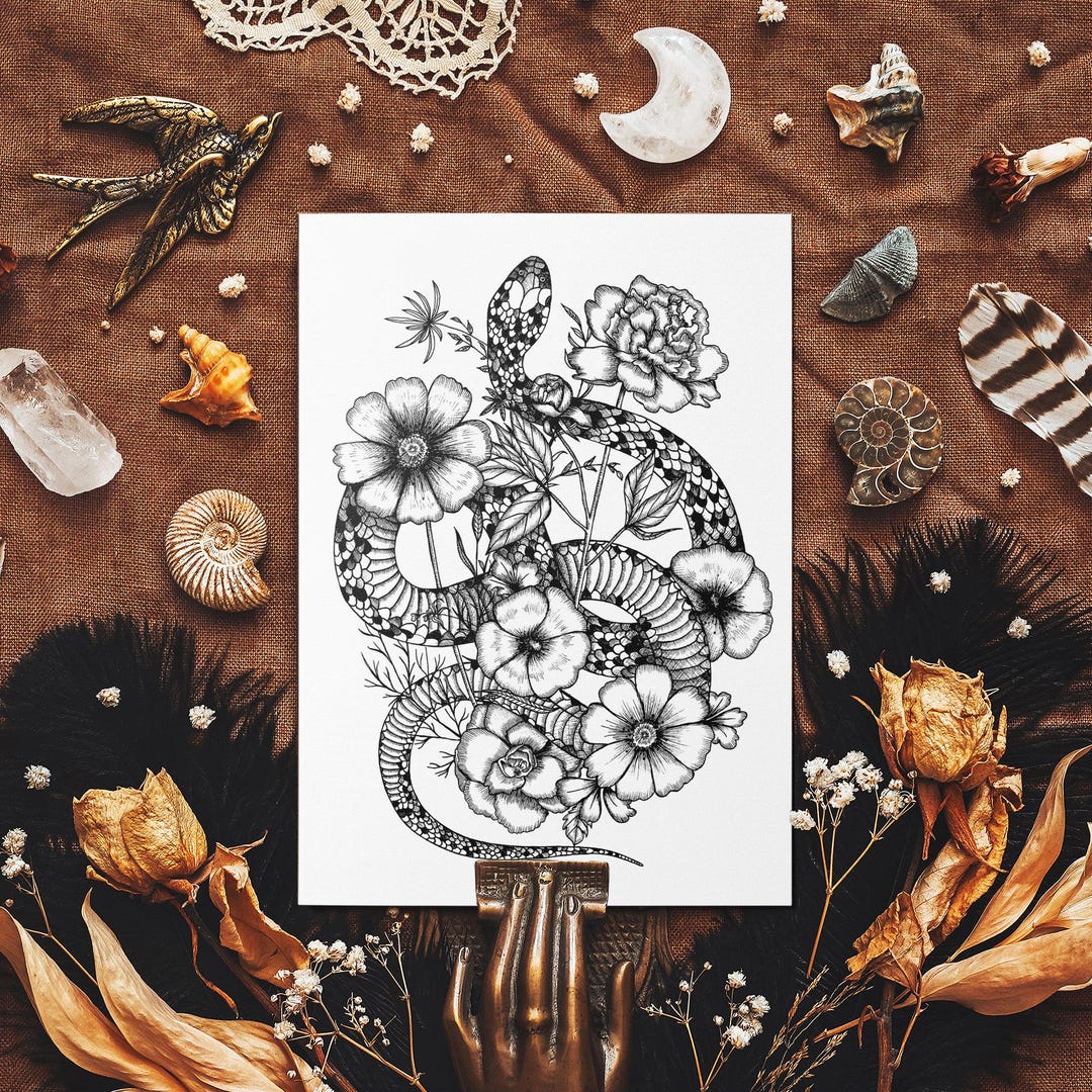 Floral Snake Postcard - Gothic Nature Illustration - Dark Botanical Art ...