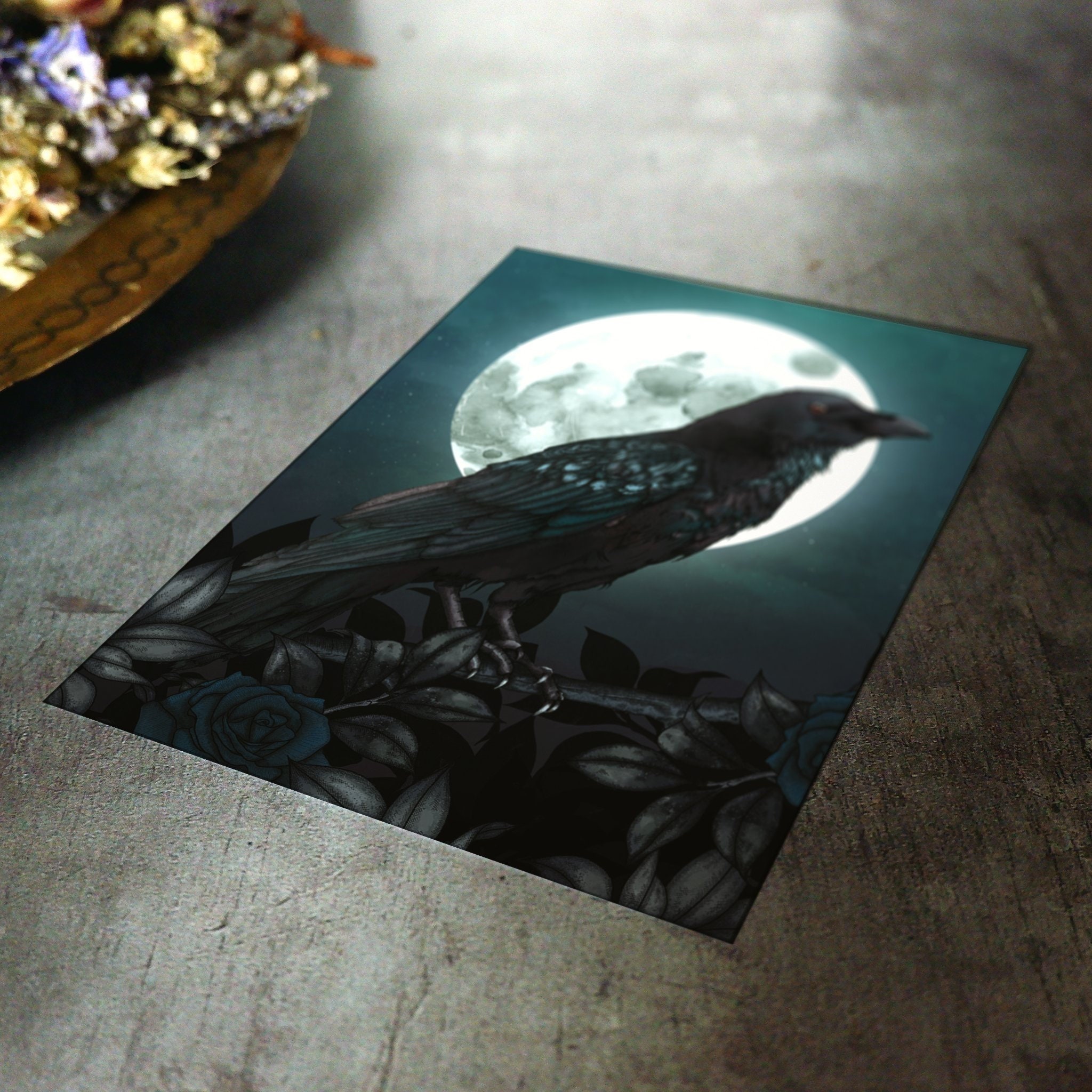 Raven And Full Moon Postcard Gothic Home Decor Corvid Etsy Uk