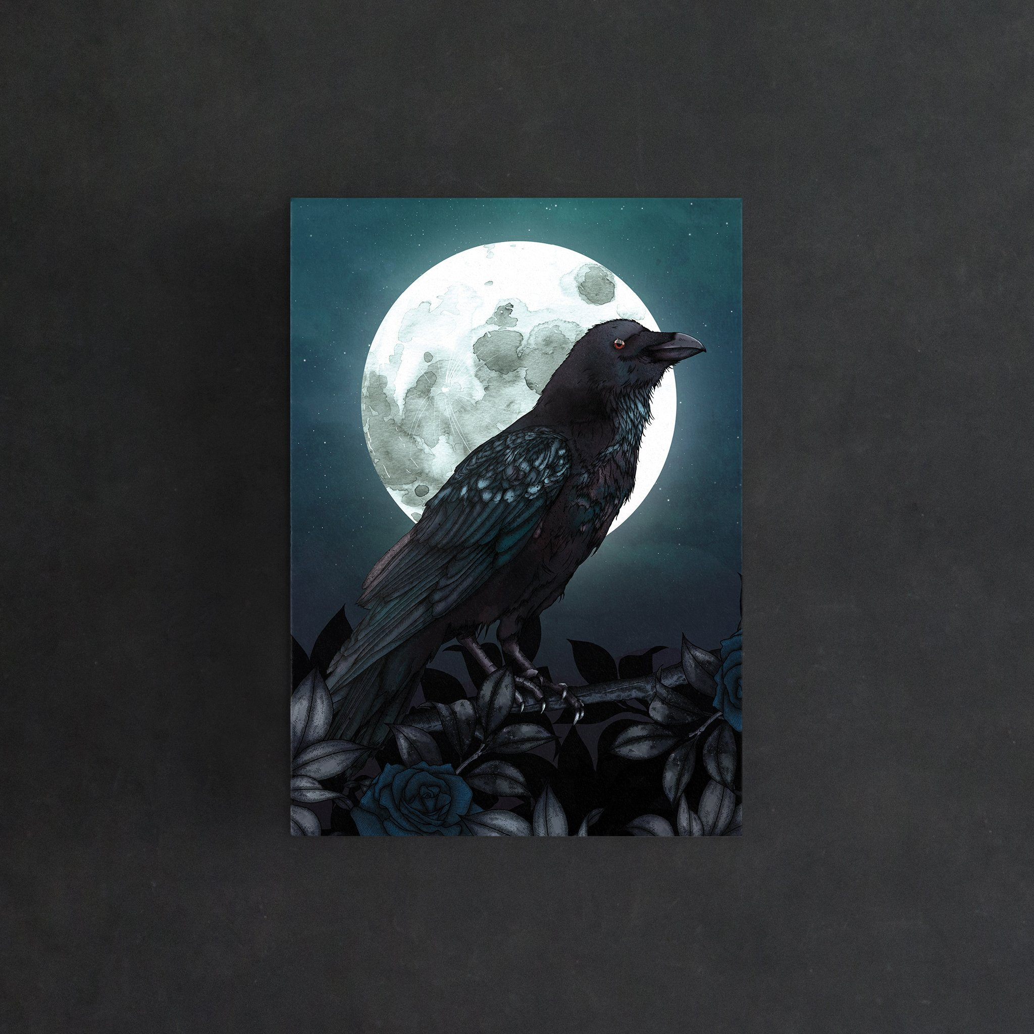 Raven And Full Moon Postcard Gothic Home Decor Corvid Etsy Uk