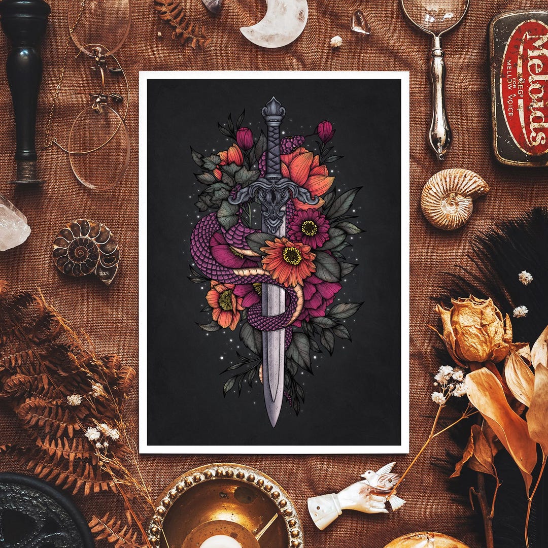 Sword & Serpent | Floral Art | Dark Fantasy Illustration | Vibrant ...