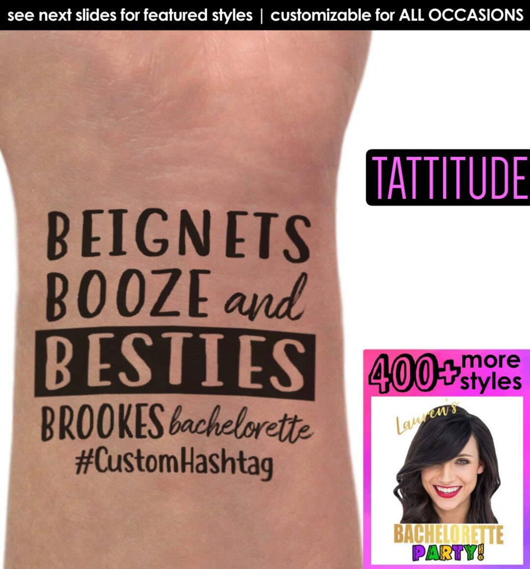 Beignets Booze and Besties Custom Bachelorette Party Tattoos | Beads ...