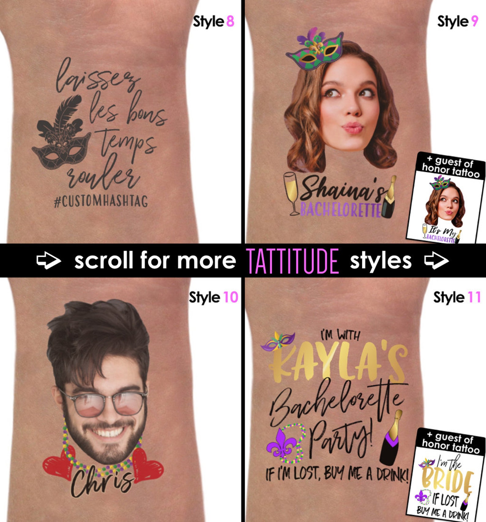 Beignets Booze and Besties Custom Bachelorette Party Tattoos | Beads ...