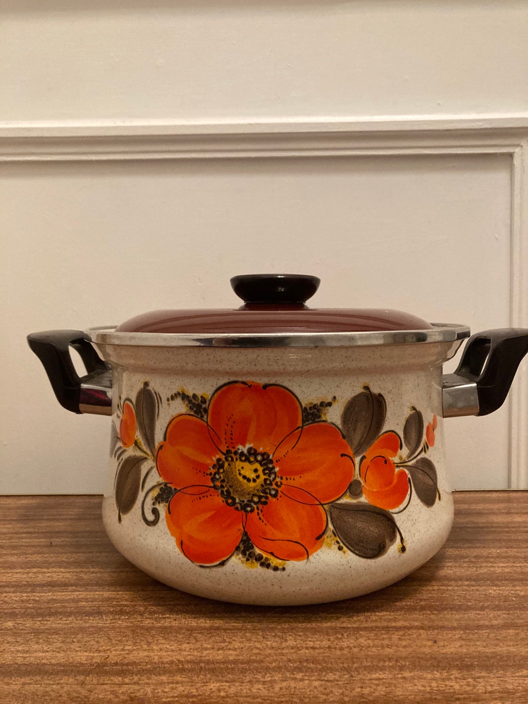 Vintage 1970s Enamelware Cooking Pot, Floral Retro Cooking Pot, Sanko ...