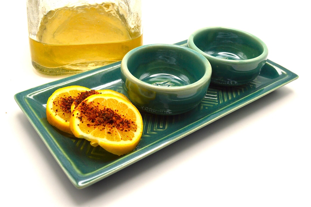 Set of 2 Green Copitas With Serving Tray, Copitas De Mezcal Stamped ...