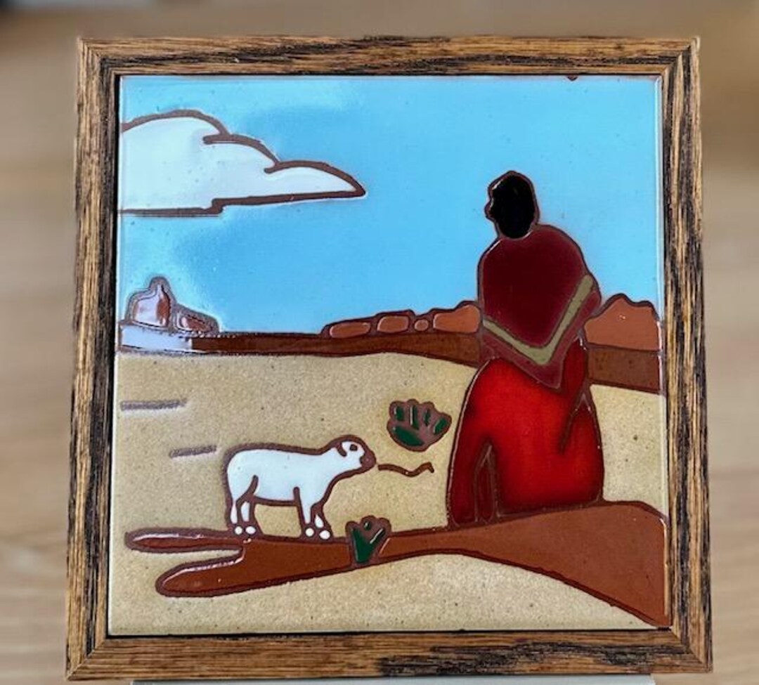 Vintage Southwestern Ceramic Tile Wall Art – Woman & Sheep Desert Scene ...