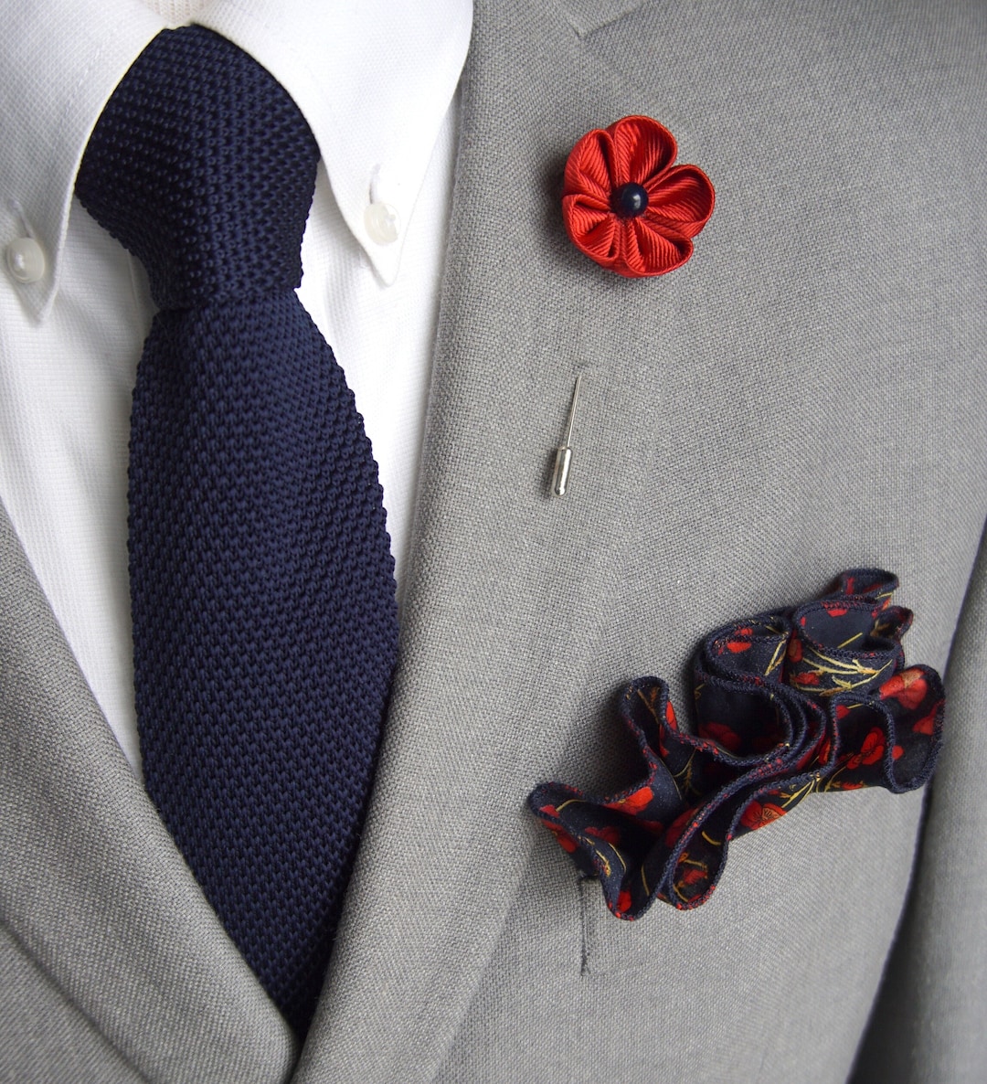 Handmade Red Flower Lapel Pin With Navy Center, Navy Blue Knitted Tie ...