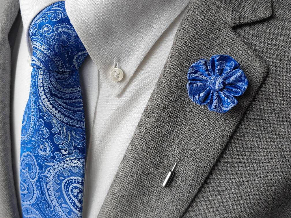 Blue Pattern Flower Lapel Pin / Blue Paisley Tie & Pocket Square Set ...