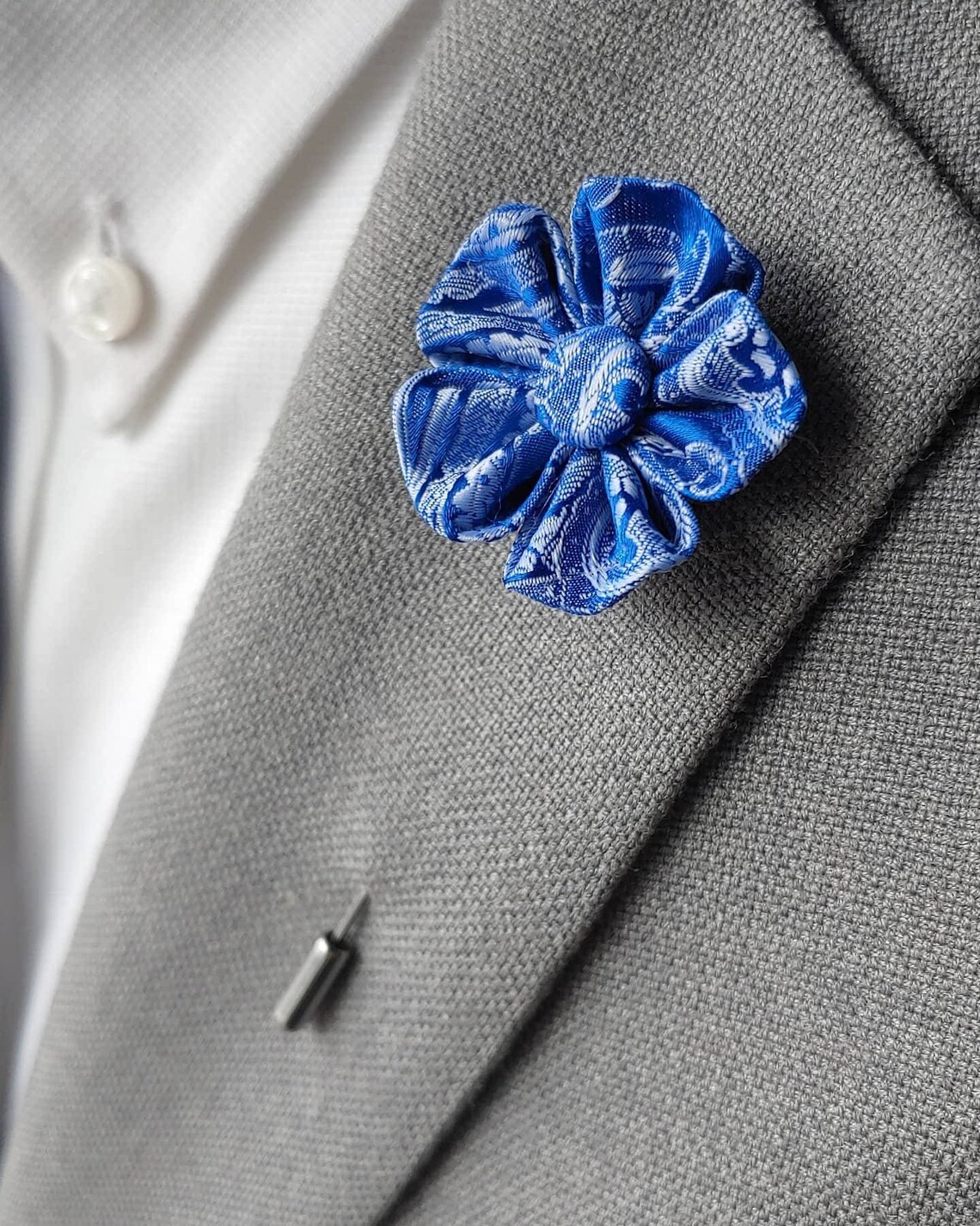 Blue Pattern Flower Lapel Pin / Blue Paisley Tie & Pocket | Etsy