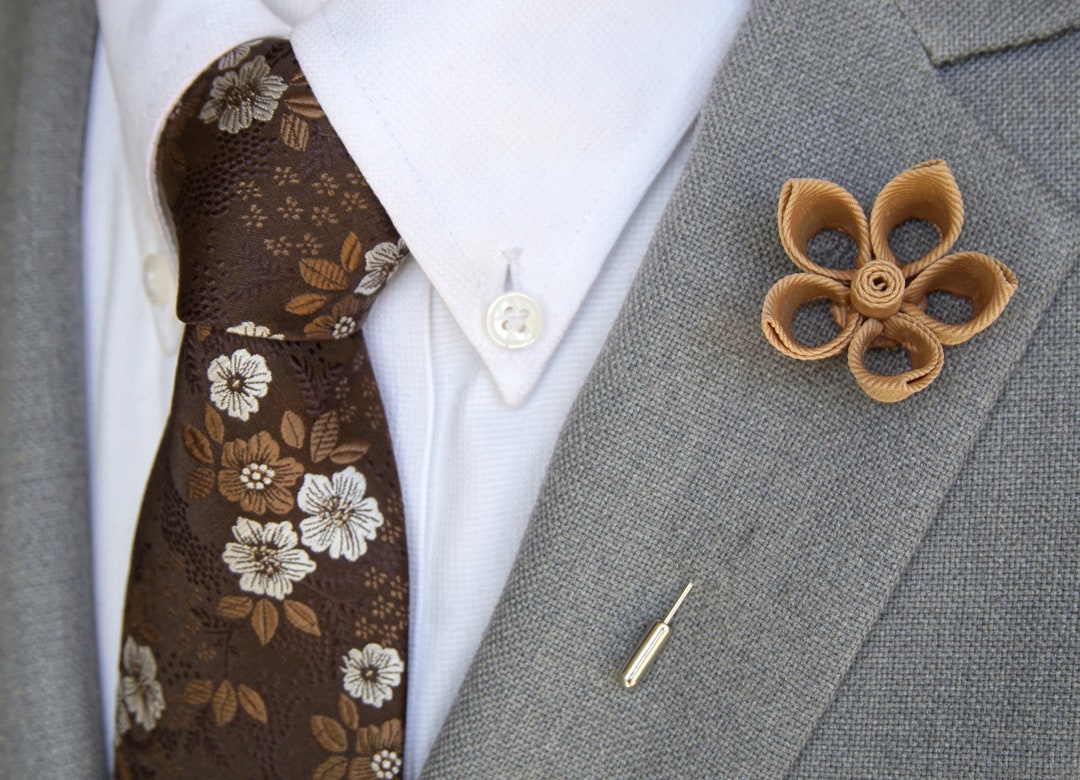 Handmade Tan Open Petal Lapel Flower Pin / Brown Floral Tie & Pocket ...
