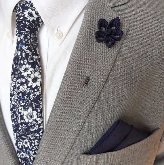 Navy Blue Handmade Lapel Pin / Dark Blue Floral Slim Tie & | Etsy