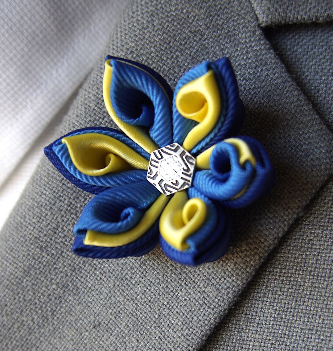 Handmade 6 Petal Flower Lapel Pin / Kanzashi Lapel Pin / Blue Yellow ...
