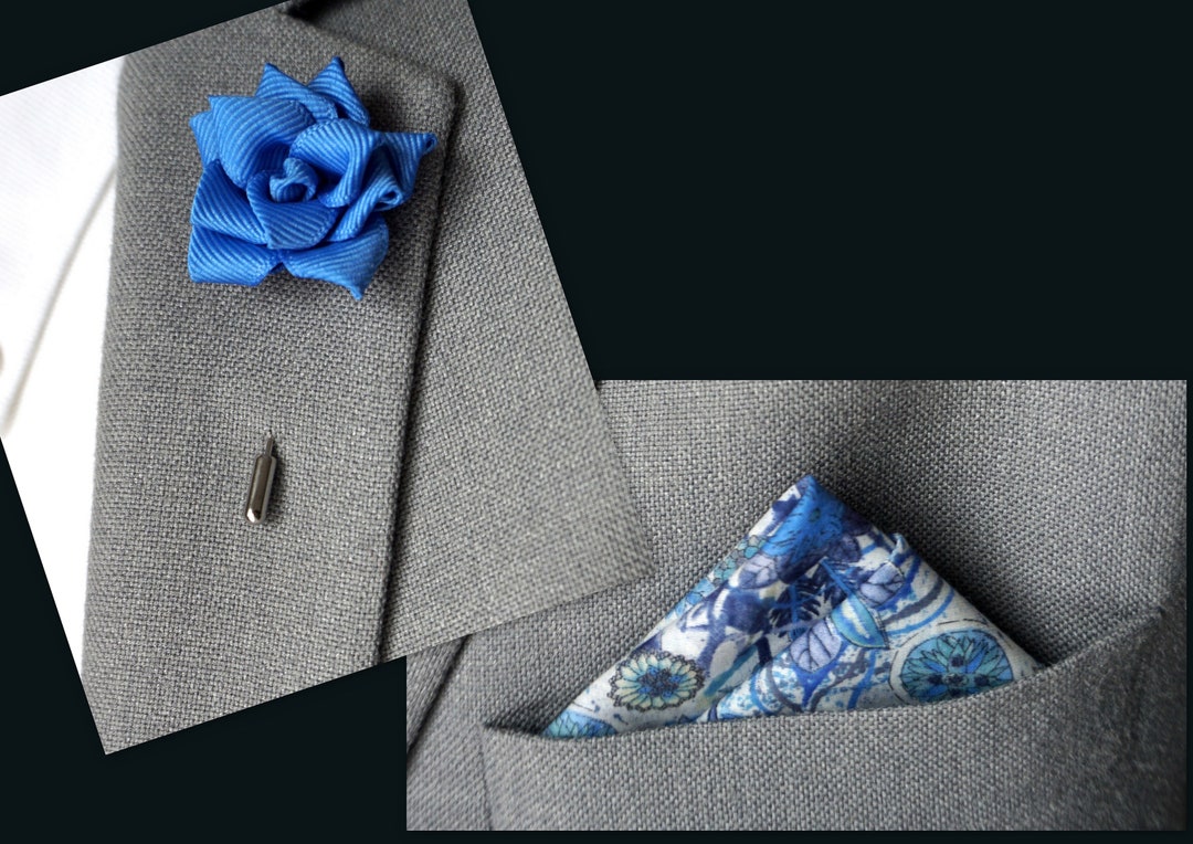 Blue Rose Lapel Pin & Pocket Square Combo Set / Boutonniere / Flower ...