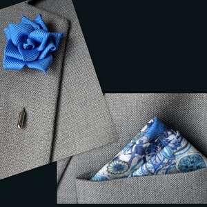 Blue Rose Lapel Pin & Pocket Square Combo Set / Boutonniere / Flower ...