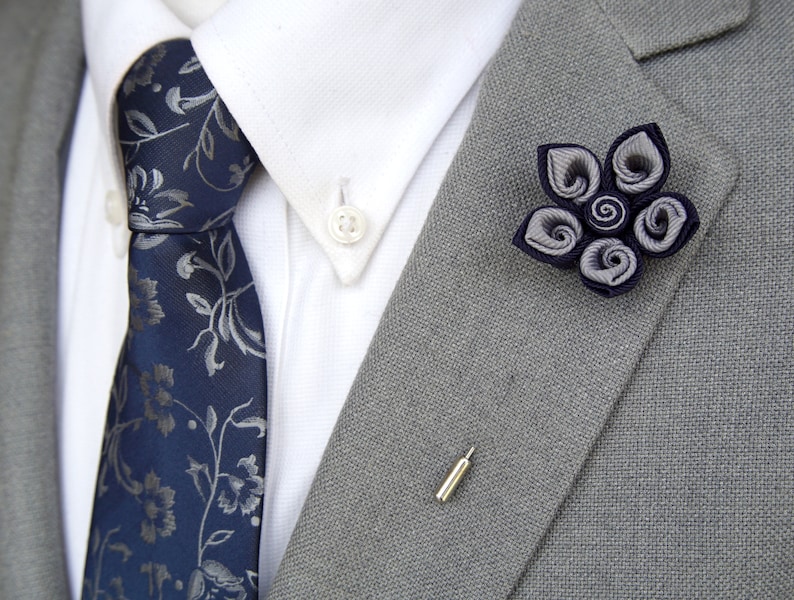 Handmade Navy Blue & Silver Lapel Flower Pin With Swirl Center - Etsy