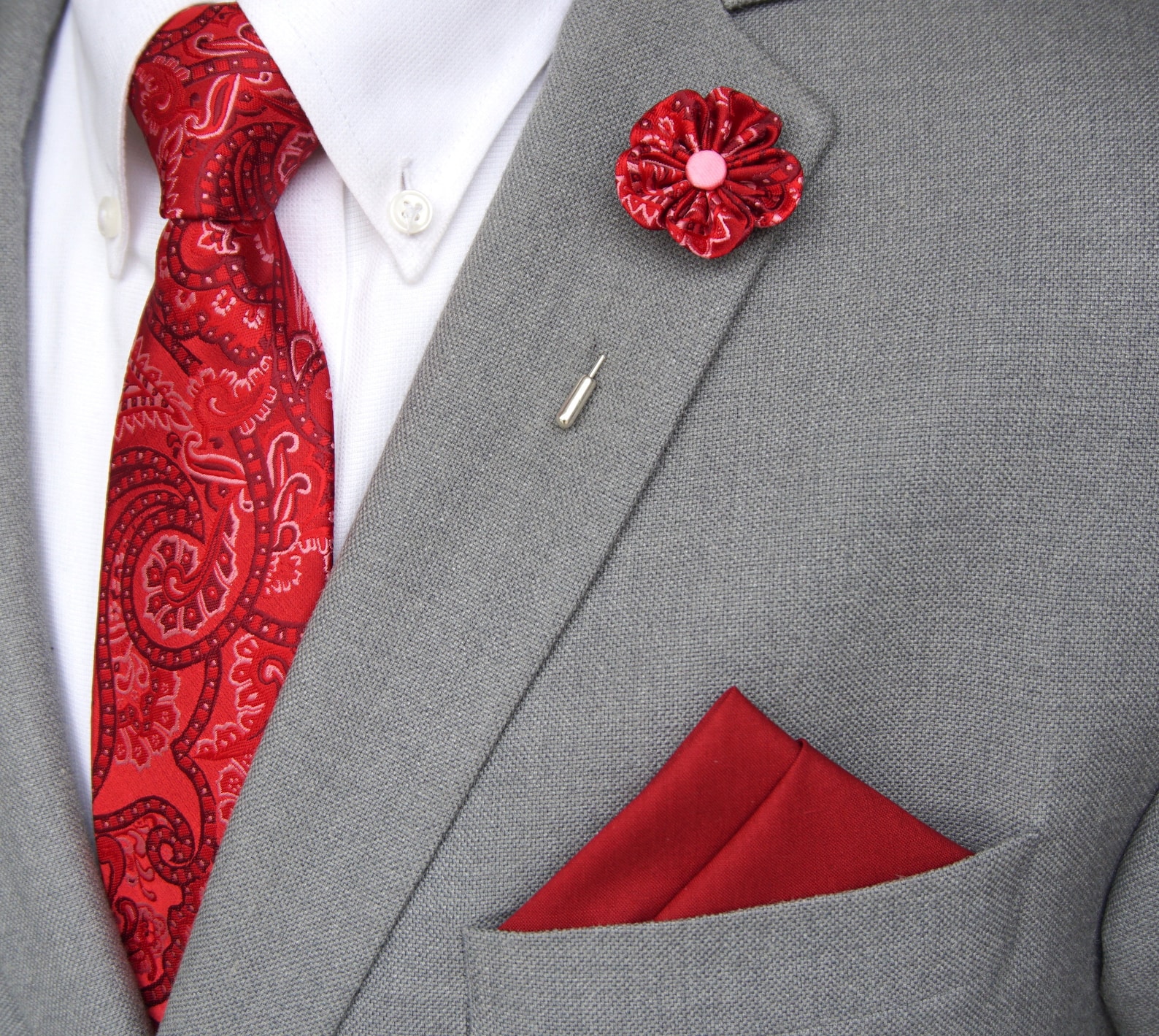 Handmade Red Lapel / Red Paisley Tie & Solid Red Pocket Square Set ...