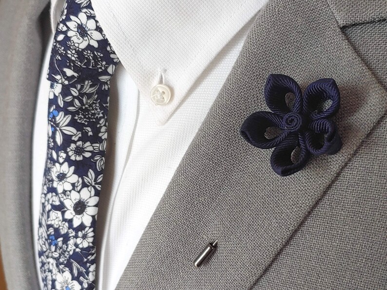 Navy Blue Handmade Lapel Pin / Dark Blue Floral Slim Tie & | Etsy