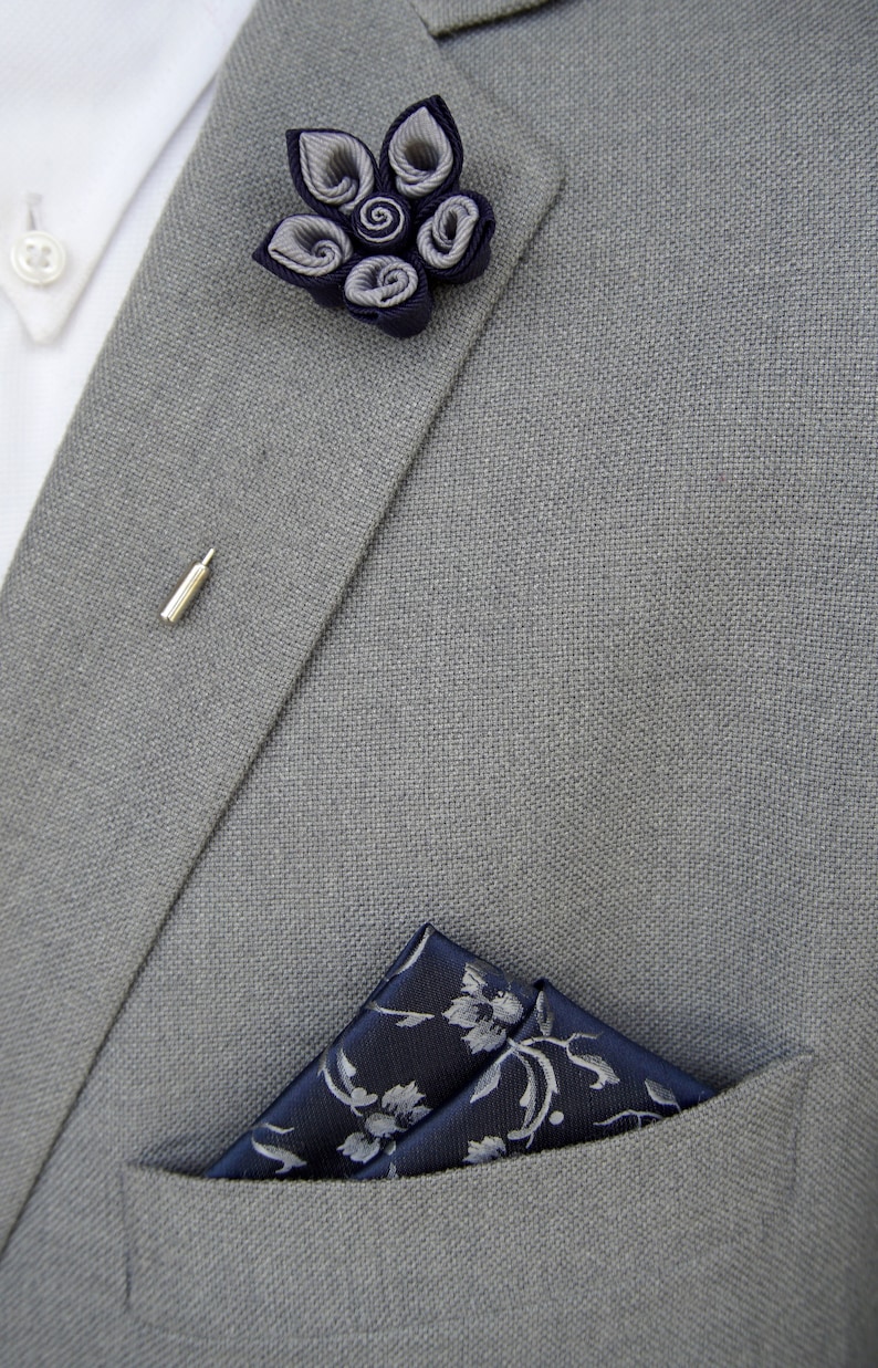 Handmade Navy Blue / Silver Lapel Flower Pin with Blue / | Etsy
